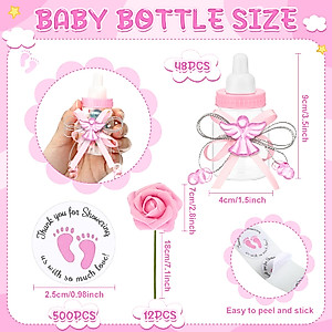 Vesici 61 Pcs Baby Shower Party Favors Set, 48 Mini Angel Milk Bottles 1 Roll Thanks Sticker 12 Artificial Roses for Newborn Baptism Party(Pink)
