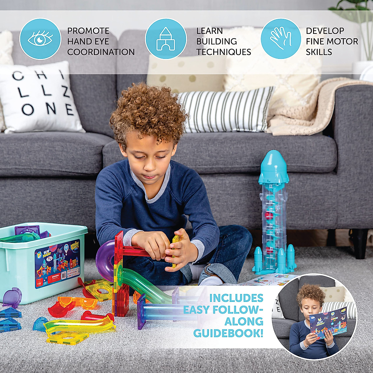 Play Brainy Magnetic Marble Run for Kids Ages 3 & Up - 130-Piece Magnetic Tiles with Rocket Elevator, Space-Themed Magnet Toys for Boys & Girls - STEM Educational Toys Set with Stickers & Storage Case