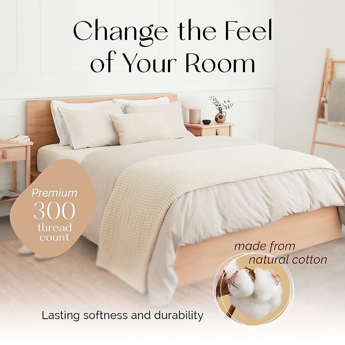 Five Looms 4 Piece Classic Percale Sheets Set, 100% Cotton with Deep Pocket 15”, Easy Care Luxury Hotel Quality Soft Cooling Sheets Set, Fitted Sheet, Flat Sheet and 2 Pillowcases, Queen, Buttercream