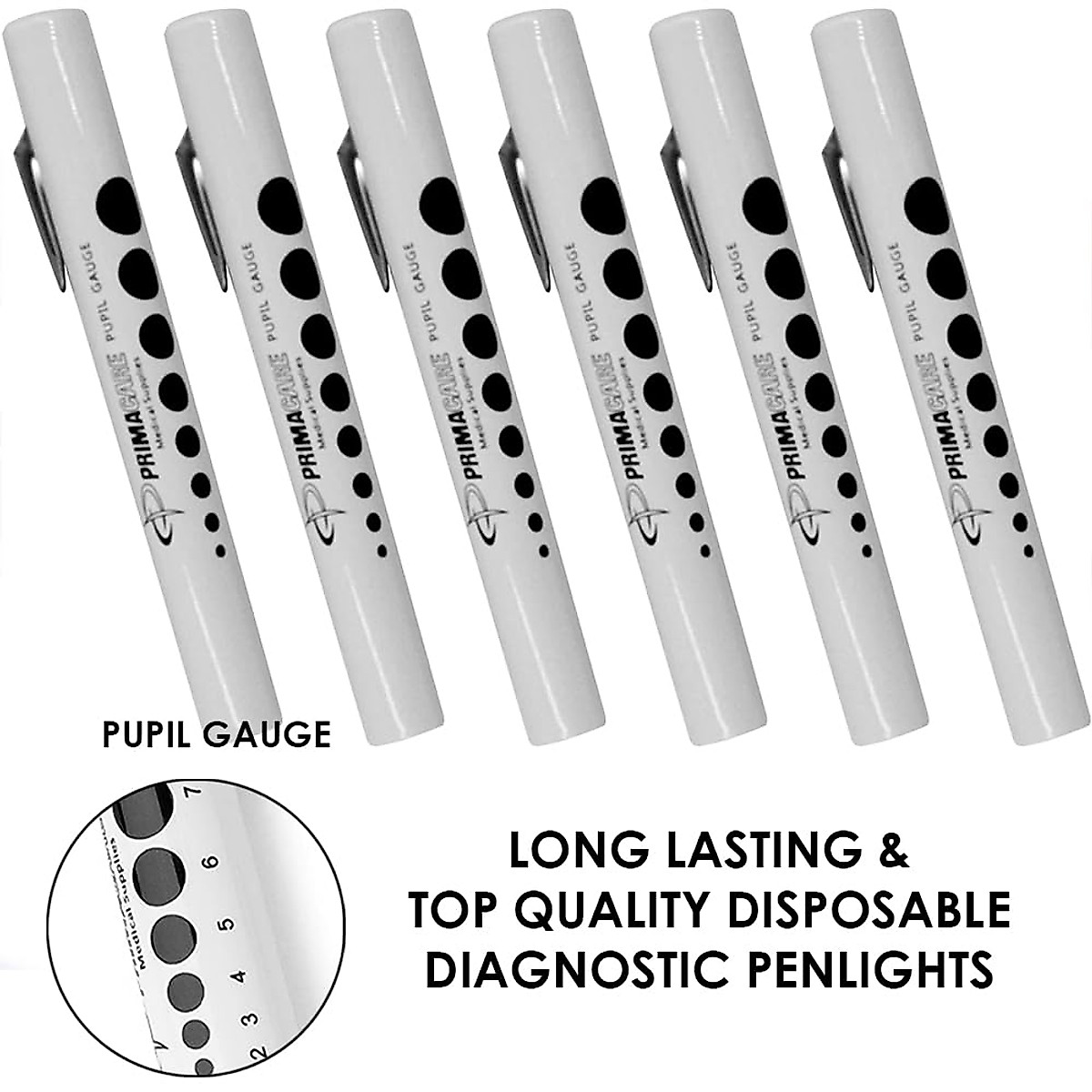 Primacare DL-9223 Pack of 6 Disposable Diagnostic Penlight with Imprinted Pupil Gauge, Lightweight and Moulded Plastic Body Medical Pen Light for Nurse, Student, Doctors EMT, White