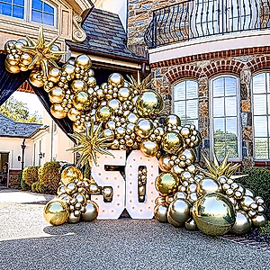 NISOCY Gold Metallic Chrome Latex Balloon Arch Garland Kit, 102PCS 18In 12In 10In 5In for Festival Picnic, Engagement, Wedding, Birthday, Gold Theme Anniversary Celebration Decoration with 33ft Ribbon