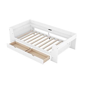 Harper & Bright Designs Twin Size Daybed with 2 Storage Drawers and Charging Station, Wood Twin Platform Bed Frame with USB Ports and Shelves, Twin Storage Bed for Kids Boys Girls Teens Adults,White