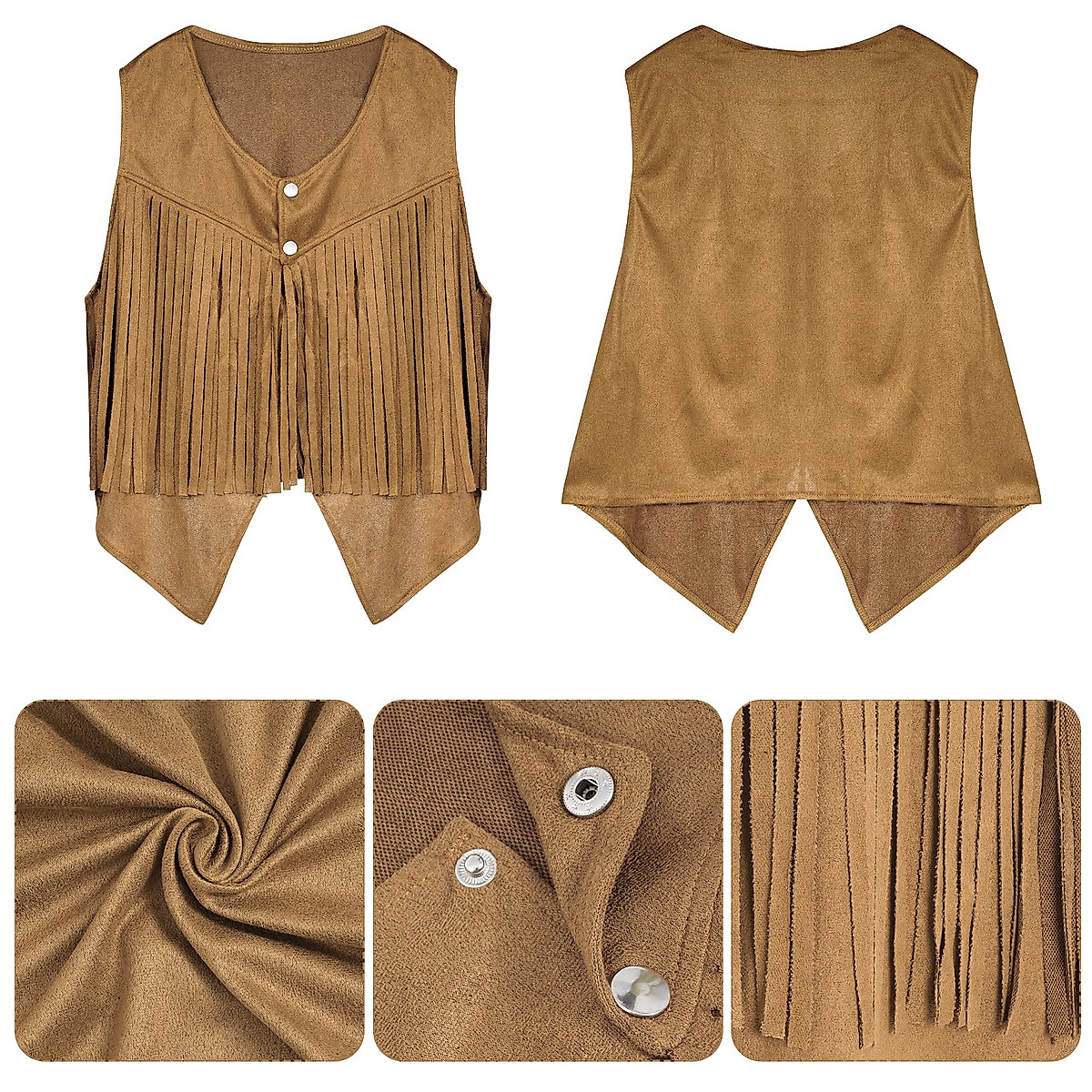 Pistha Women Tassel Vest 70s Hippie Sleeveless Faux Suede Rivets Fringe Vest Waistcoat Jacket Cowgirl Outfits(Brown,M)