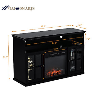 MAISON ARTS Glass Doors Fireplace TV Stand with Electric Fireplace Inserts 47" Farmhouse Media Console Table Entertainment Center for TVs Up to 55" for Home Living Room Bedroom, Black