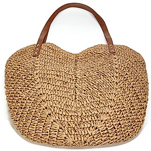 Summer Casual Straw Tote Bag Large Capacity Woven Shoulder Handbag for Summer Beach Vocation (A-Khaki)
