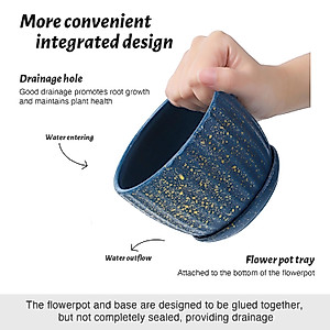 STHIE Ceramic Plant Pots with Drainage Holes and Saucers, Round Blue Flower Pots for Indoor Plant, Diameter 3.3/4.3/5.5 Inches Small Mini Flower Planters Set of 3