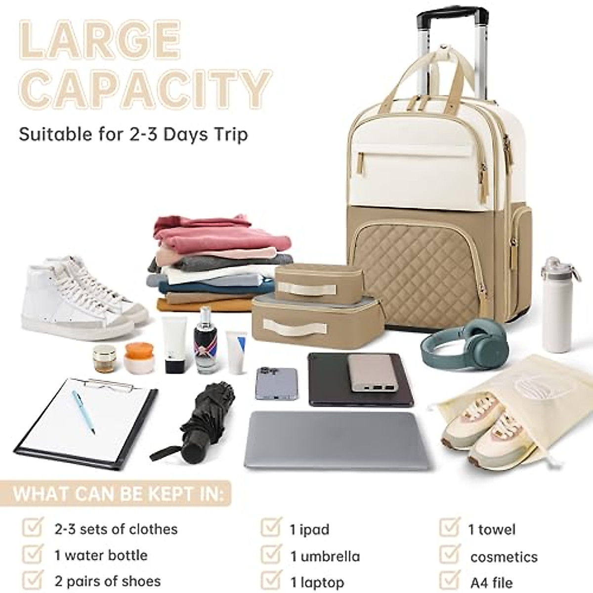 ZOMFELT Carry On Underseat Multi-functional,17-inch Rolling Lightweight Overnight Suitcase, Wheeled Carry On Case for Airplanes, Travel Carry on Suitcase with Wheels for Women Work Travel,Beige