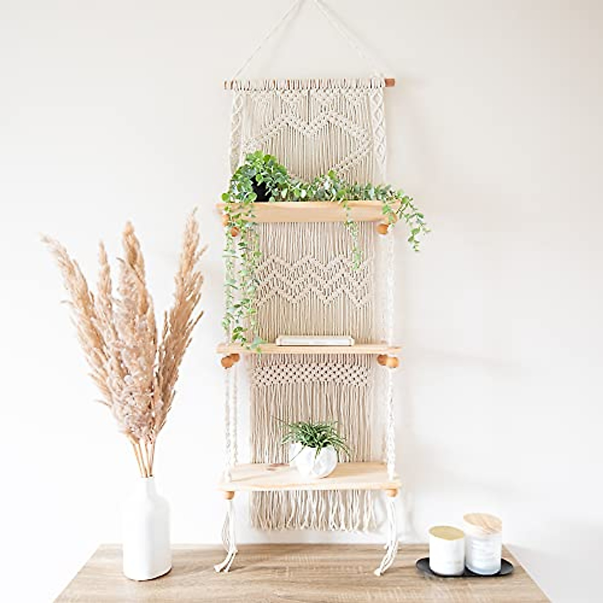 SnugLife Macrame Wall Hanging Shelf - 3 Tier Wall Shelves with Handmade Woven Rope - Boho Shelves Organizer Hanger for Kitchen, Bathroom, Home Storage, Floating Indoor Plant Wall Shelf (Pine Wood)