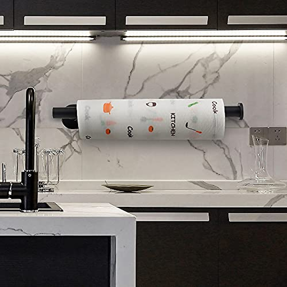 Paper Towel Holder Black, Paper Towel Holder Under Cabinet, Stainless Steel Wall-Mounted Paper Towel Holder - Self-Adhesive or Drilled for Kitchen, Pantry