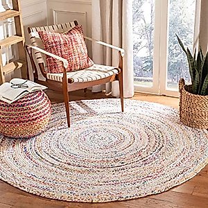 SAFAVIEH Braided Collection 6' Round Ivory/Multi BRD210B Handmade Boho Reversible Cotton Area Rug