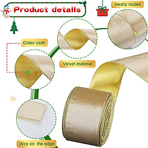 Christmas Velvet Ribbon Satin Ribbon Solid Color Wired Edge Ribbon Gold Trim Wrapping Ribbon Christmas Ribbon Decoration Soft Smooth Craft Ribbon for Bow Making (Gold, 2.5 Inch x 20 Yards)
