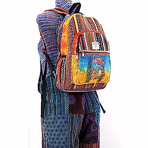 Unique Frog & Mushroom Embroidered Himalaya Hemp Hippie Backpack Festival Backpack FAIR TRADE Handmade with Love. (LARGE)