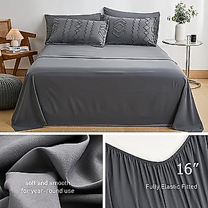 OARAGE Dark Grey Twin Comforter Set 7 Pieces, Tufted Bed in a Bag Twin, Boho Bed Sets, Geometric Embroidery Twin Size Bedding Set, All Season Microfiber Bedding Comforter Set with Sheets