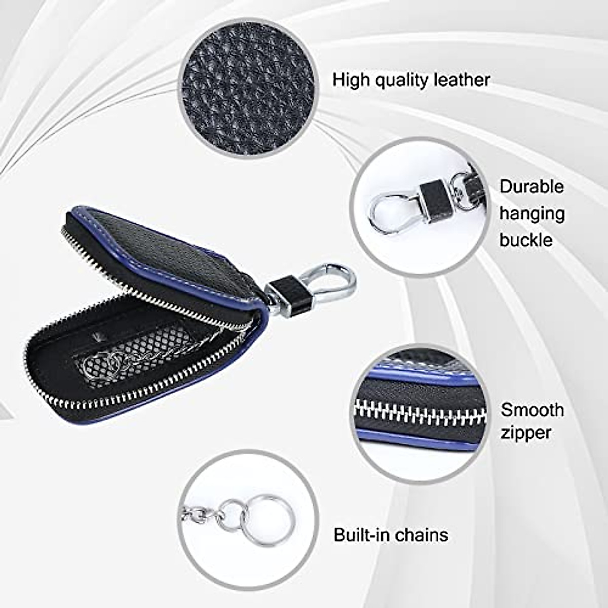 DAYGOS Universal Car Key Case Holder, Leather Car Smart Key Fob Cover with Hook and Keyring Zipper Bag, Keychain Protector Case for Remote Key Fob, Blue, 2 Pack