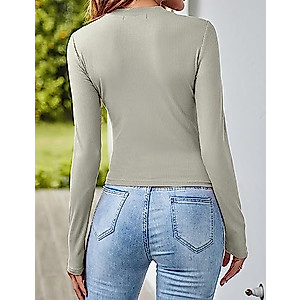 MEROKEETY Women Long Sleeve Slim Fit Crop Shirt Ribbed Knit Tops Casual Round Neck Y2K Tees Grey Small