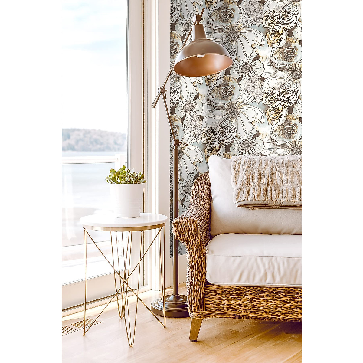 NextWall Harry & Grace Ink Rose Abstract Floral Peel and Stick Wallpaper (Mocha & Blue Mist)