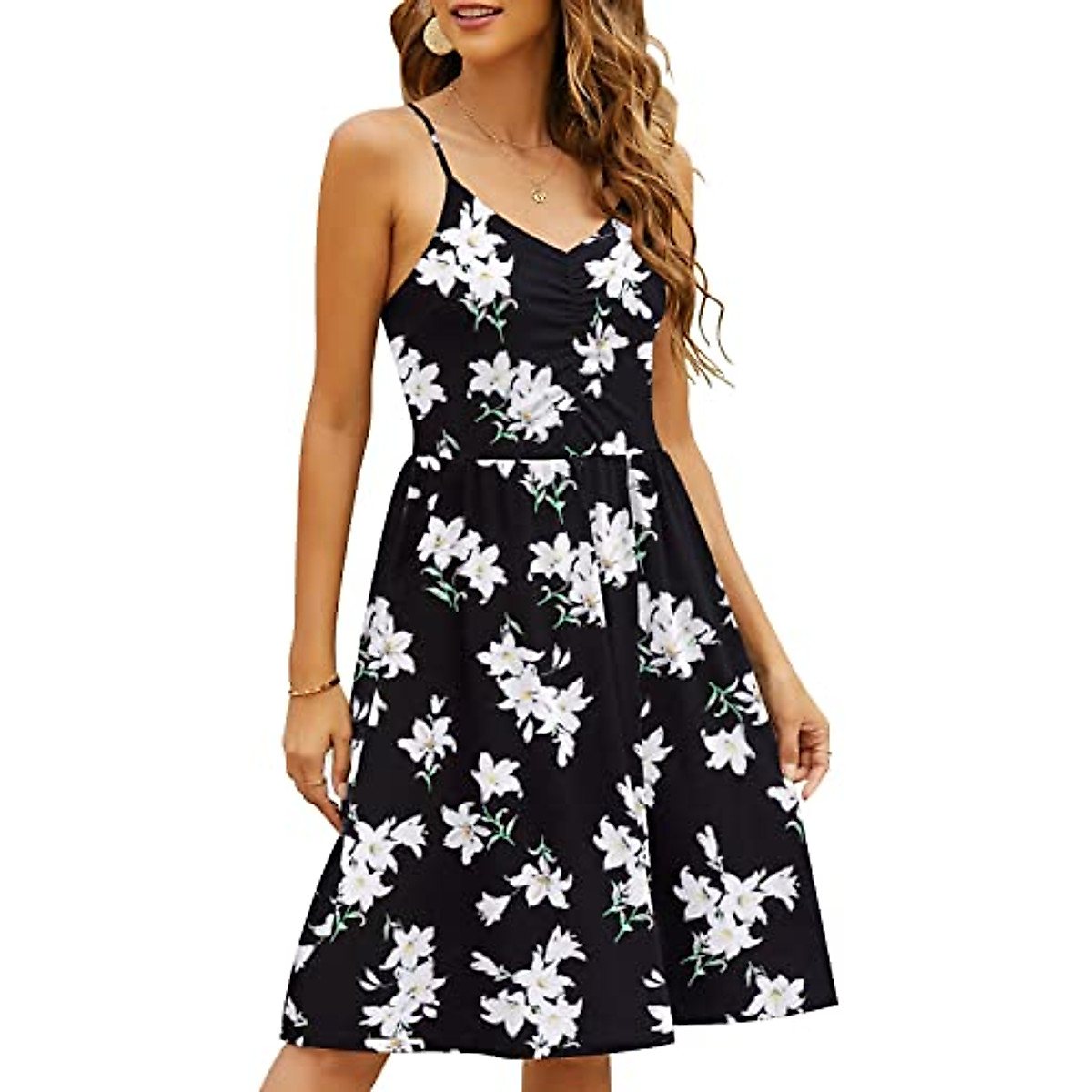 YATHON Casual Dresses for Women Sleeveless Cotton Summer Beach Dress A Line Spaghetti Strap Sundresses with Pockets (M, YT090-Black Floral 01)