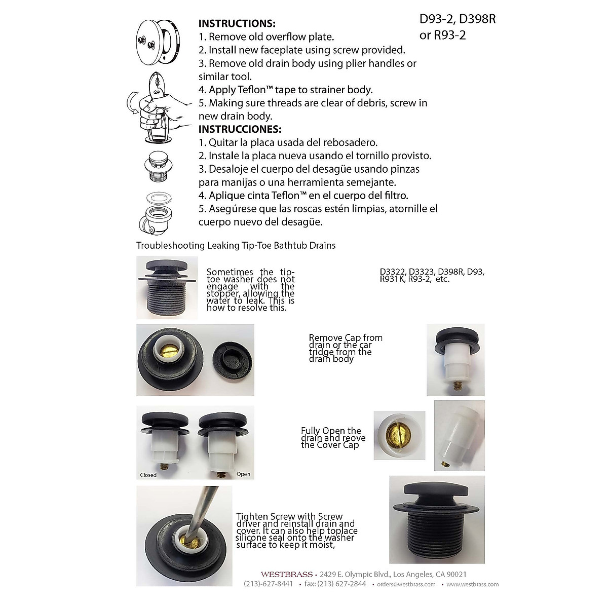 Westbrass D93K-50-01 Universal Fine or Coarse Thread Replacement Bathtub Tip-Toe Drain Plug with 2-Hole Faceplate, Polished Brass (50-Pack)