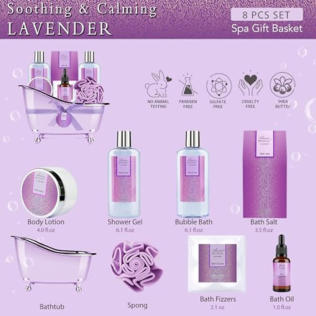 Bath Spa Basket Gift Set, Bath & Body Gift Set for Women, Lavender Scent, Includes Body Lotion, Shower Gel, Bath Salts, Bubble Bath, Bath Fizzers, Bath Oil, Birthday Bath Set Gift Idea