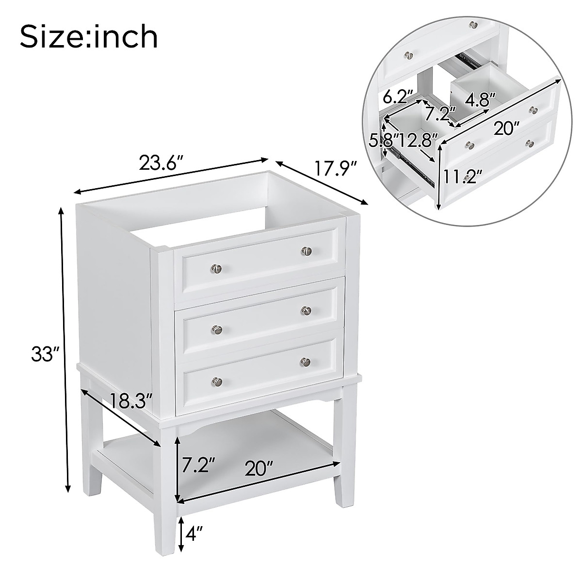 Dolonm 24 inch Bathroom Vanity without Sink, Base Only, Freestanding Vanity Cabinet with One Drawer and Open Shelf, Solid Wood Frame, White