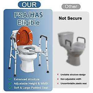 Deewow Raised Toilet Seat with Handles, Toilet Seat Riser for Seniors with Height and Width Adjustable, up to 400lbs, Commode Chair for Elderly, Pregnant and Handicap, Fit Any Toilet, FSA/HAS Eligible