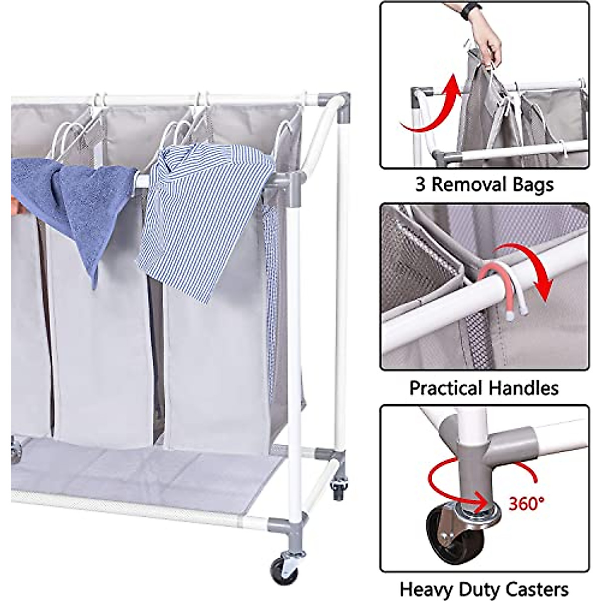 Laundry Basket with Wheels, Laundry Hamper 3 Section Removable Hampers for Laundry Organization and Storage, Metal Frame Cart with 90lbs Capacity, Mesh Sided Foldable Bags, No-Screw Simple Assembled