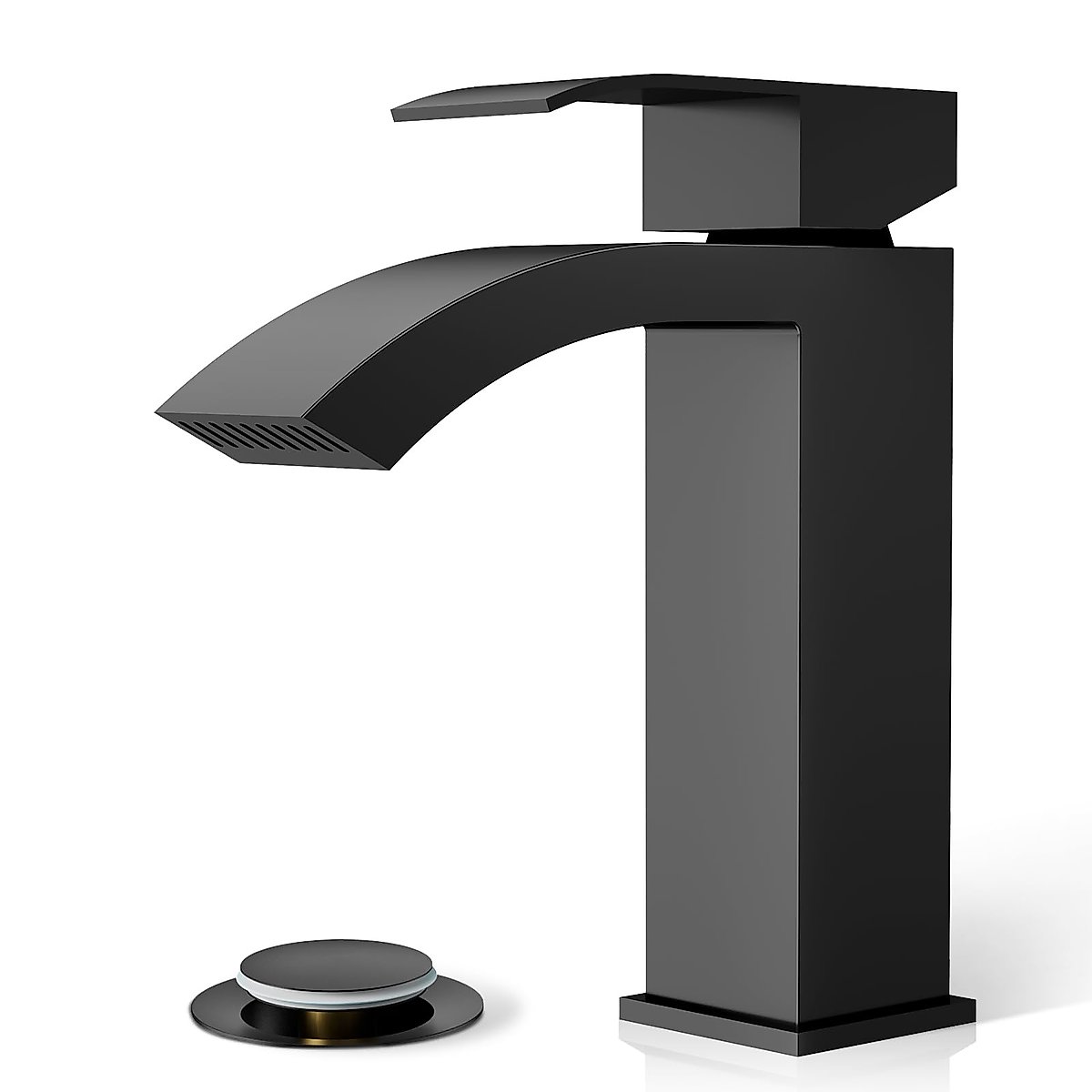 Phiestina Matte Black Waterfall Single Handle One Hole Bathroom Sink Faucet, Square Single Hole Basin Faucet with Metal Pop-up Drain with Overflow and Water Supply Line, BF01049-N1-MB