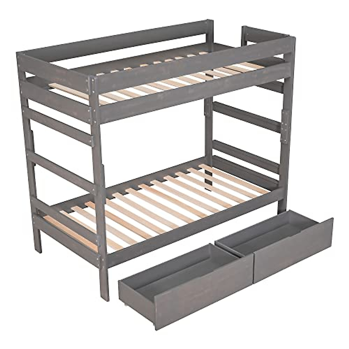 Flieks Twin Over Twin Wood Bunk Bed with 2 Drawers, Gray
