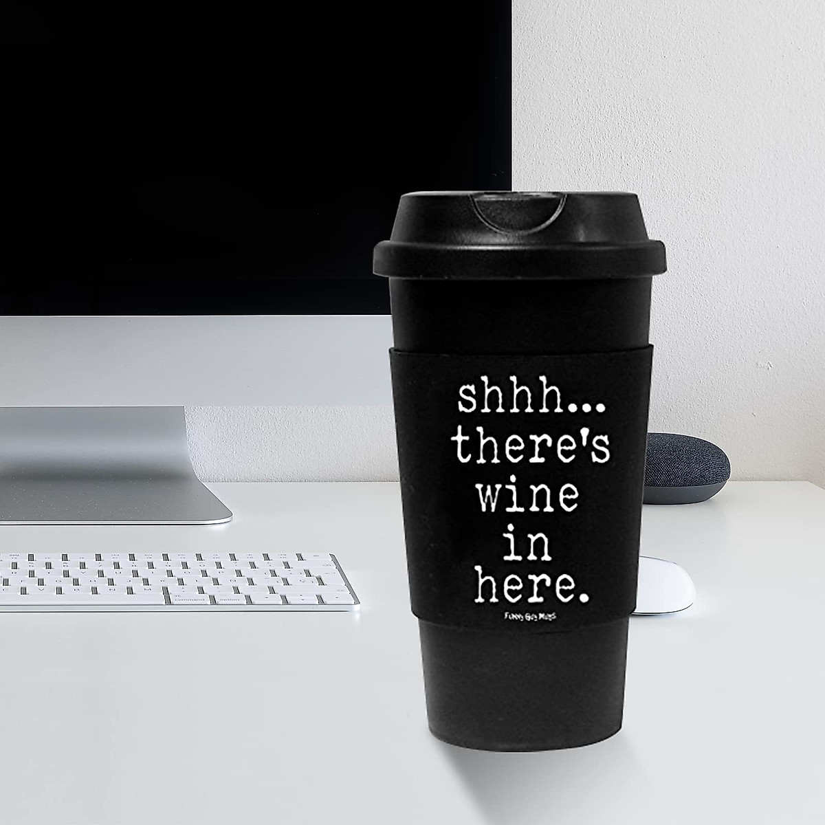 Funny Guy Mugs Shhh There's Wine In Here Travel Travel Tumbler With Removable Insulated Silicone Sleeve, Black, 16-Ounce
