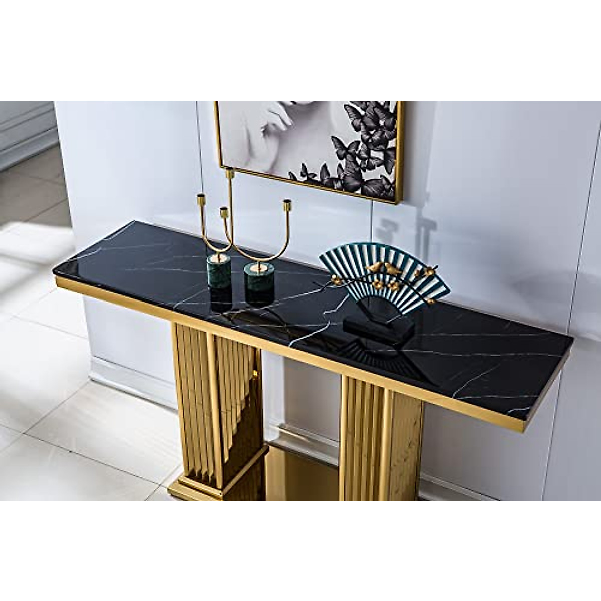 Yoluckea Contemporary Style Console Table with Marble Top and Stainless Steel Base, Gold Mirrored Finish Accent Sofa Table Entryway Hallway Table Foyer Table for Living Room, Entrance (Black)