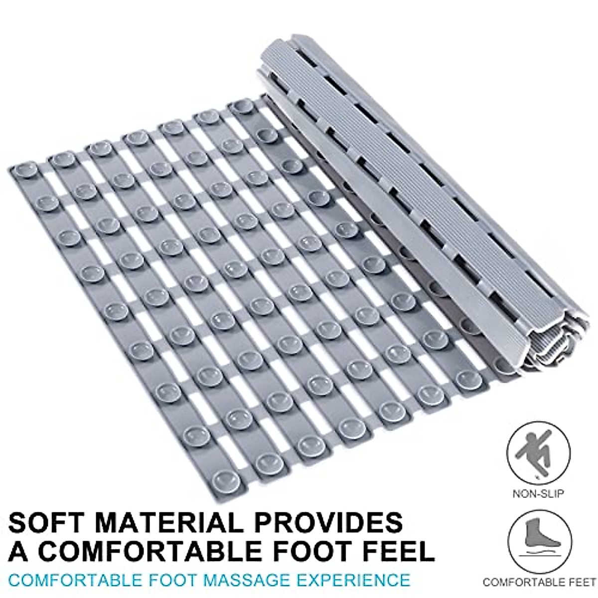 Linoows Shower Mat Non Slip Bath Mat for Tub and Shower Floor Mat, Machine Washable Bathtub Mat with Suction Cups and Drain Holes, Soft Bathroom Accessories, 27.5x15.7 Inch, Gray