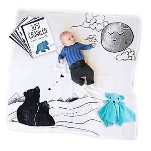 JumpOff Jo - Baby Bundle: Baby Swaddle Blanket & 24 Milestone Cards - Photoshoot Props, Soft Breathable Baby Blanket, 47" x 47" (Bear Blue)