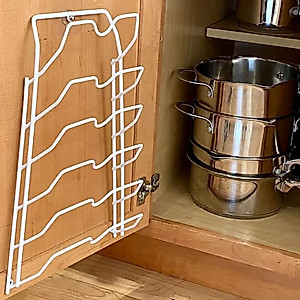 Evelots 6 Pot Lid Organizer for Cabinet Door or Pantry Wall - Closet Door Pots and Pans Lids Holder - Glass or Metal Pan Covers Cabinet Organizer Kitchen Storage - White 6 Tier Lid Rack