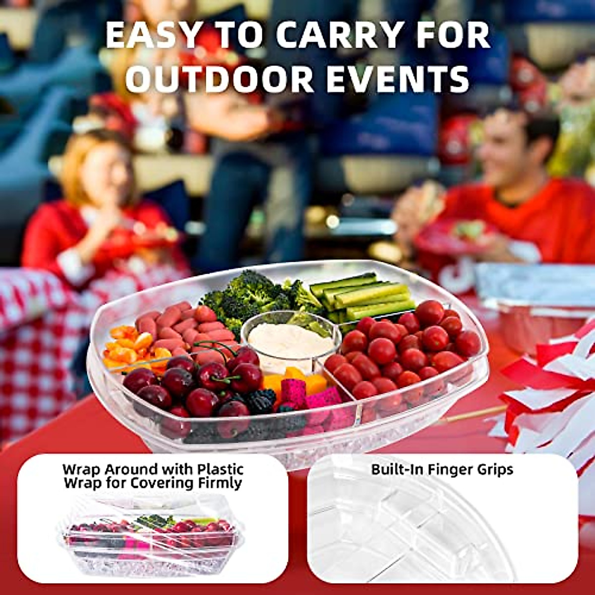 Funyakit Extra Large Appetizer Serving Tray on Ice with Stainless Steel Tongs and Forks, Chilled Platter with Lid, 4 Compartments for Shrimp Cocktail Fruits Veggies Seafood Dips, Cold Dish for Party