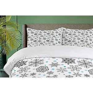Ambesonne Snowflake Duvet Cover Set, Lace Style Arrangement of Snowflakes Winter Season Christmas Illustration, Decorative 3 Piece Bedding Set with 2 Pillow Shams, King Size, Blue Black White