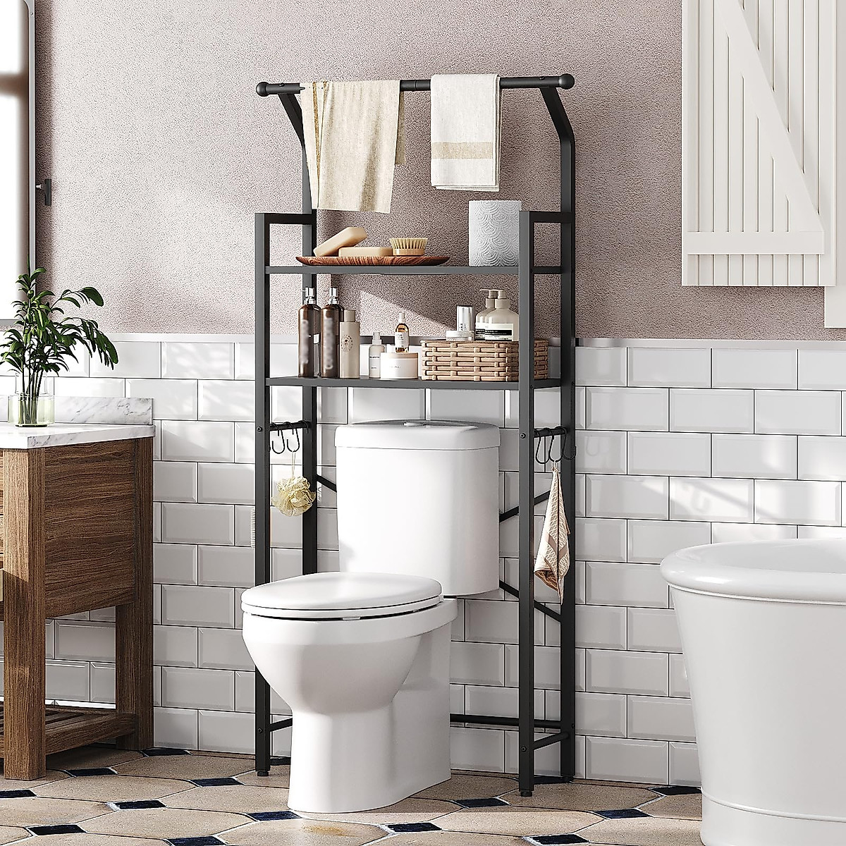 YATINEY Over The Toilet Storage, 2-Tier Bathroom Organizer Shelves with Hooks, Multifunctional Vertical The Toilet Shelf Storage Rack for Bathroom, Black TR01BB