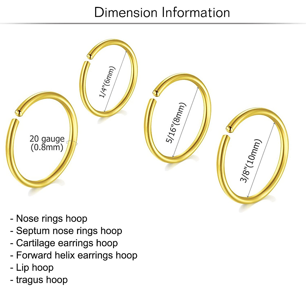 MODRSA Nose Rings Hoops Gold Hoop Nose Ring Nose Hoops Cartilage Hoop Earring Thin Cartilage Earring Hoop Helix Hoop Earring Small Hoop Earrings for Cartilage Tragus Hoop Earring Lip Hoop 20g 6-10mm