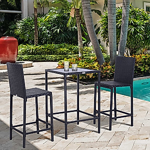 Outsunny 3pcs Rattan Bar Set with Glass Top Table, 2 Bar Stools for Outdoor, Patio, Garden, Poolside, Backyard