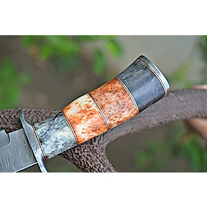 UK UNIQUE SHARP KNIVES BK-3002 Handmade Damascus Steel 12.50 Inches Hunting Knife - Exotic Coloured Bone Handle