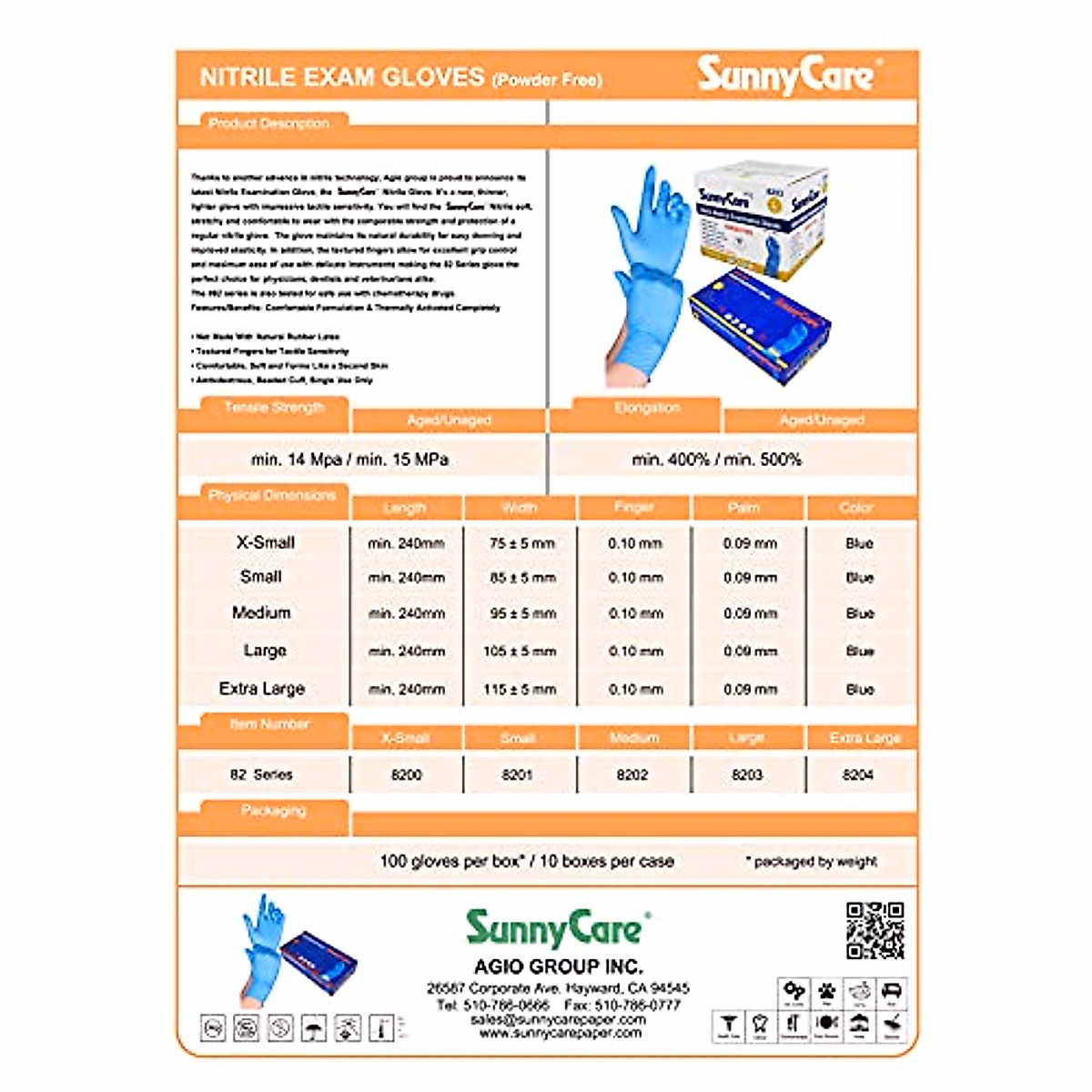 1000 SunnyCare #8204 Blue Nitrile Medical Exam Gloves Powder Free Chemo-Rated (Non Vinyl Latex) 100/box;10boxes/case Size: X-Large