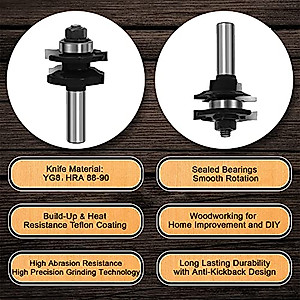 OLETBE 3 PCS Router Bit Set, 1/2-Inch Shank Round Over Raised Panel Cabinet Door Rail and Stile Router Bits, Woodworking Wood Cutter, Wood Carbide Groove Tongue Milling Tool(Silver)