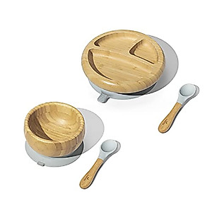 Avanchy Bamboo Baby Divided Plate, Bowl & Spoons Set - Baby Cutlery - Bamboo Kids Bowl - BPA Free Bowl - Bamboo Kids Utensils - Bamboo Kids Bowl (Gray)