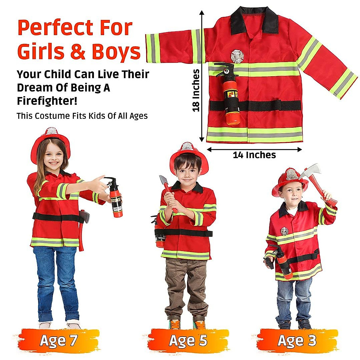 Firefighter Costume for Kids - Fireman Toddler Dress Up Set for Pretend Play or Birthday Party - Red Fire Fighter Uniform with Accessories for Boys and Girls