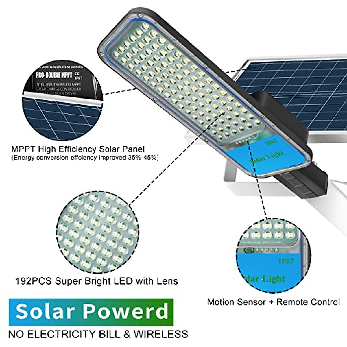 Gebosun 2PK 200W Solar Street Light with Motion Sensor, 192PCS LED Security Flood Light Dusk to Dawn Outdoor Lighting, Die-cast Aluminium IP67 Waterproof Solar Parking Lot Light for Yard,Garden,Patio