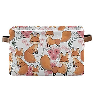 Gougeta Foldable Storage Basket with Handle, Cute Jungle Fox Animal Pink Flower Rectangular Canvas Organizer Bins for Home Office Closet Clothes Toys 1 Pack