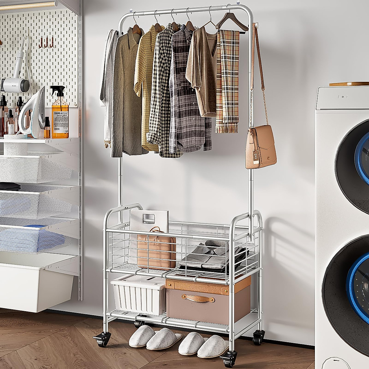 SUOERNUO Laundry Basket with Wheels Rolling Laundry Hamper Laundry Sorter Cart Shelf Hanging Rack,Grey