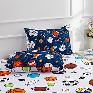 A Nice Night 6Pcs Bed in A Bag Full Sports Microfiber Modern Comforter Set,Navy Rugby Ball Printed Bedding Collections,for Boys Kids Teen