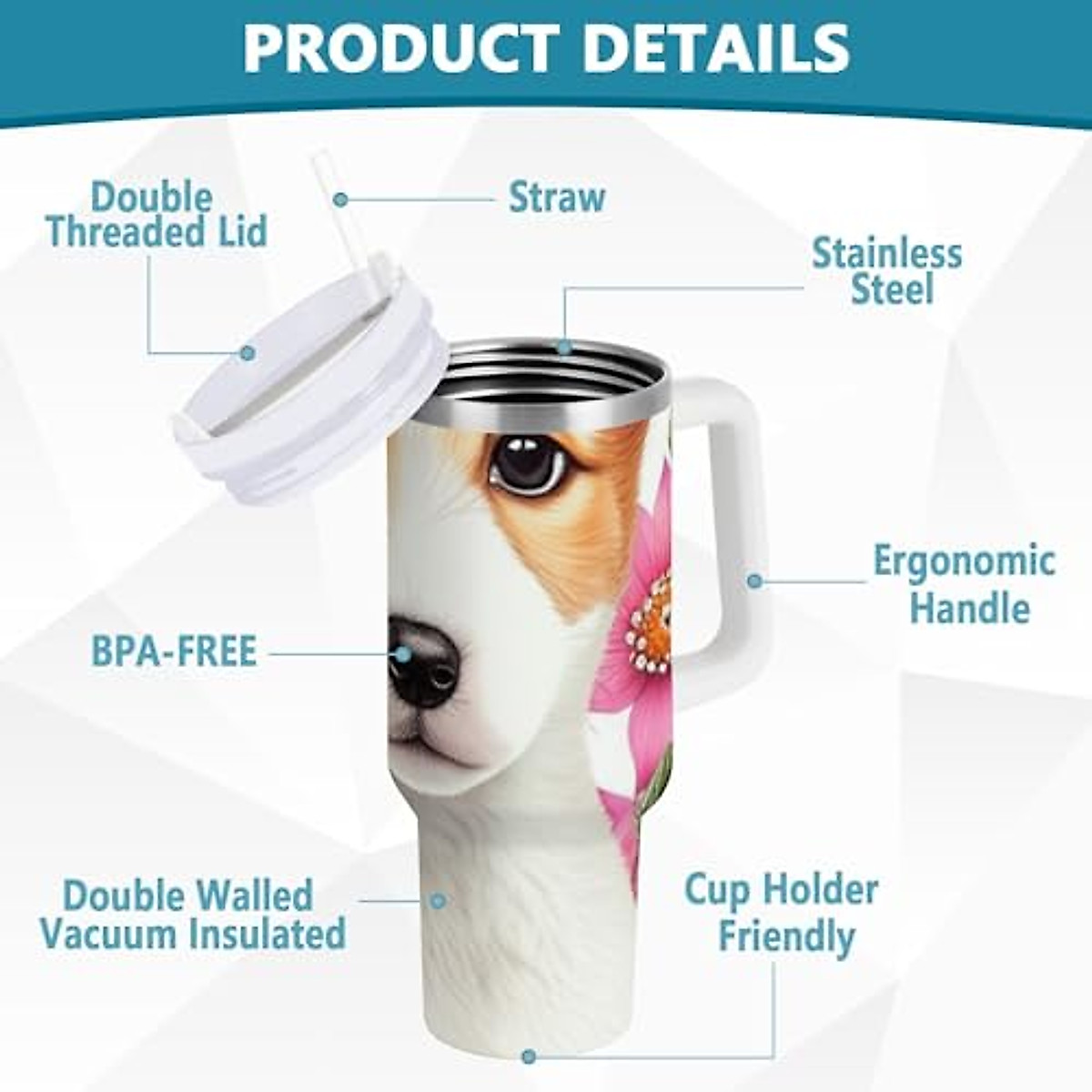ODAWA Stainless Steel Tumbler Large with Lid and Straw, Puppy Flowers Travel Coffee Tumbler