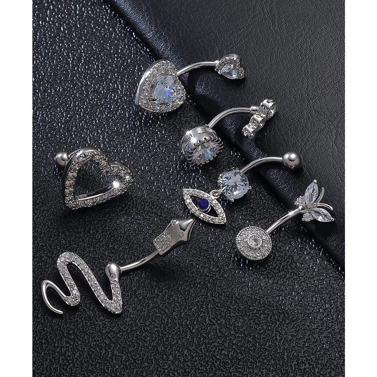 Akeoqi 14G Belly Button Rings for Women Dangle Cute Snake Round/Love Heart Devil Heart Clear Cubic Zirconia Navel Rings Body Piercing Jewelry Pack