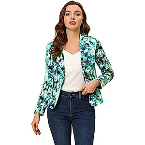 Allegra K Women's Open Front Notch Lapel Printed Business Casual Suit Blazer Jacket Small Green-Flower